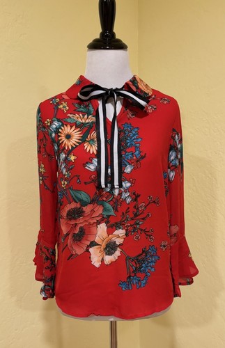 Red Blouse With Button Up Back, Red W/ Floral Print Flowy Bohemian ...