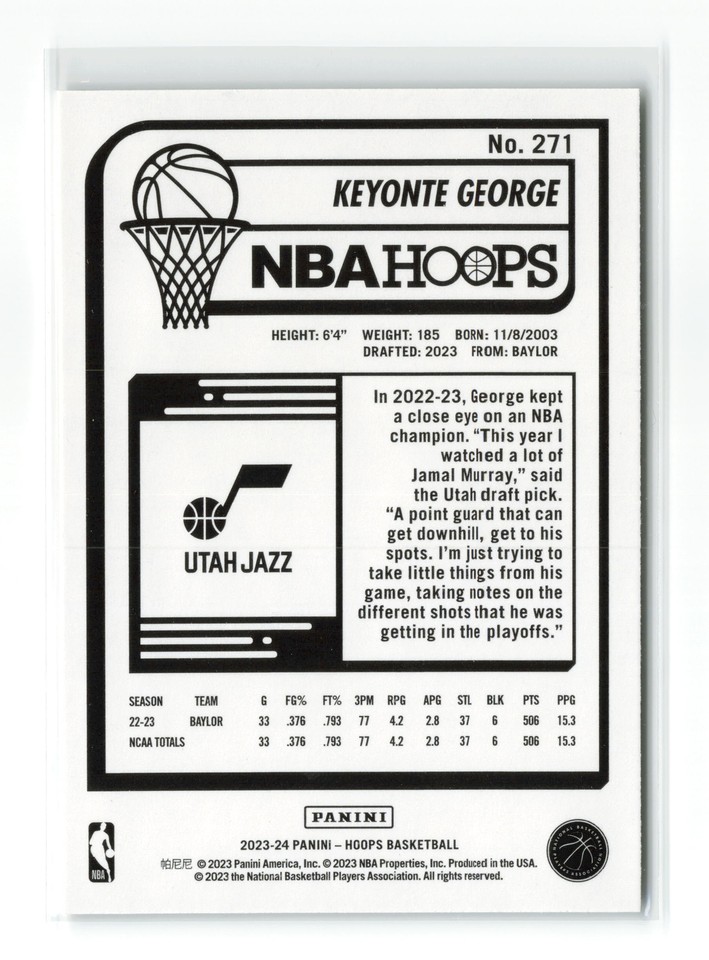 KEYONTE GEORGE #271 2023-24 PANINI HOOPS JAZZ RC | eBay