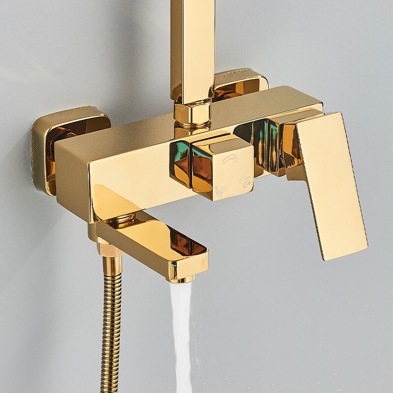 Modern Gold Exposed Bathroom Shower Mixer Twin Head Bar Set Square ...