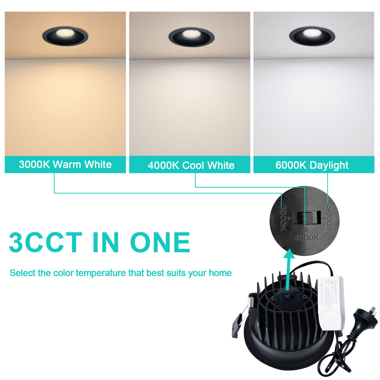 LED Downlight 13W Dimmable Tri-color IP44 90mm-100mm Cutout Flat ...