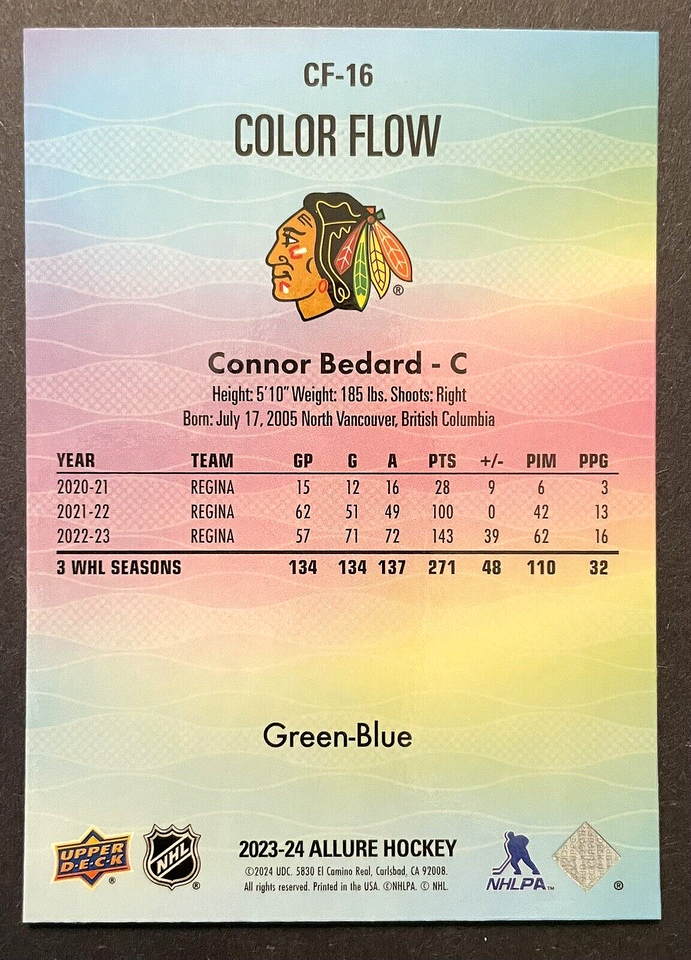 Connor Bedard GREEN-BLUE Color Flow #CF-16 2023-24 Upper Deck Allure ...