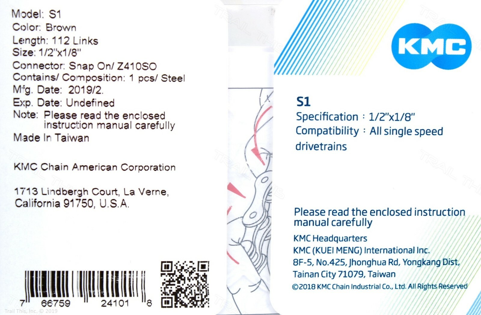 KMC S1 1/8" Single-Speed Chain 112L Brown fits BMX Cruiser Fixed Bike ...
