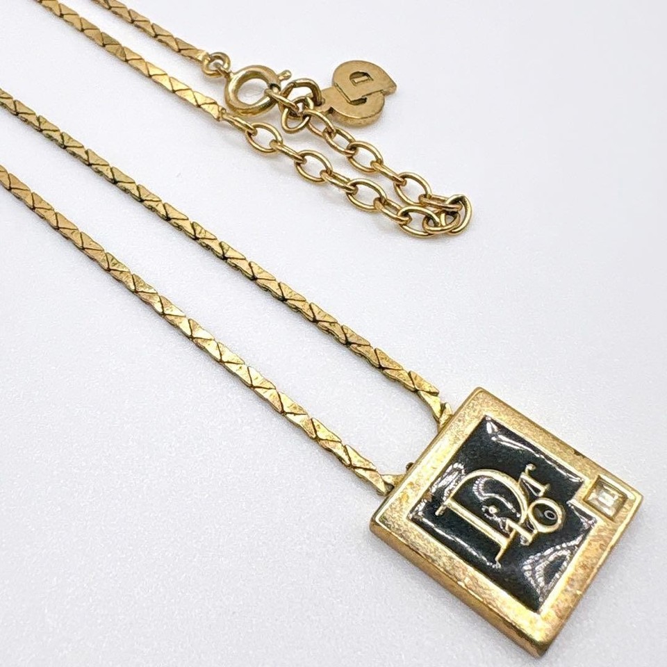 Authentic Christian Dior Logo Plate Gold Square Necklace Vintage ...