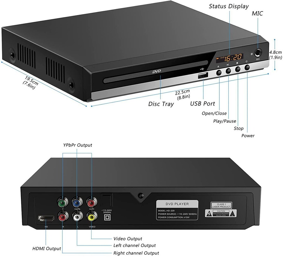 1080p DVD Player All Region Free DVD CD USB Player with HD+RCA Output ...