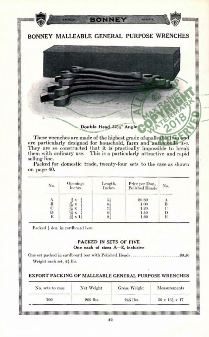 Bonney Tool Works 1919 Vises + Wrenches CATALOGUE Tools Models Samples ...