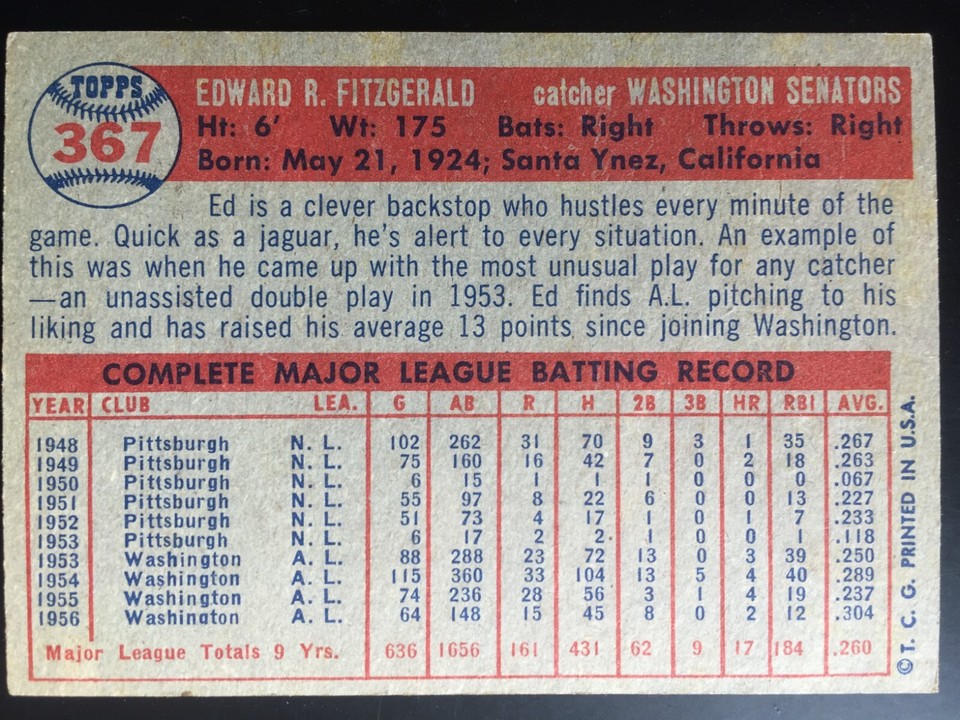 1957 Topps #367 ED FITZGERALD Washington Senators MLB baseball card EX ...