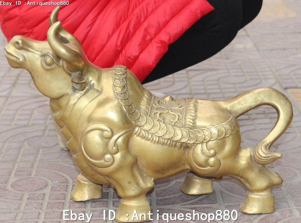 22" Chinese Bronze Fengshui Zodiac Year Strong Bull Oxen Ox Coin Animal ...