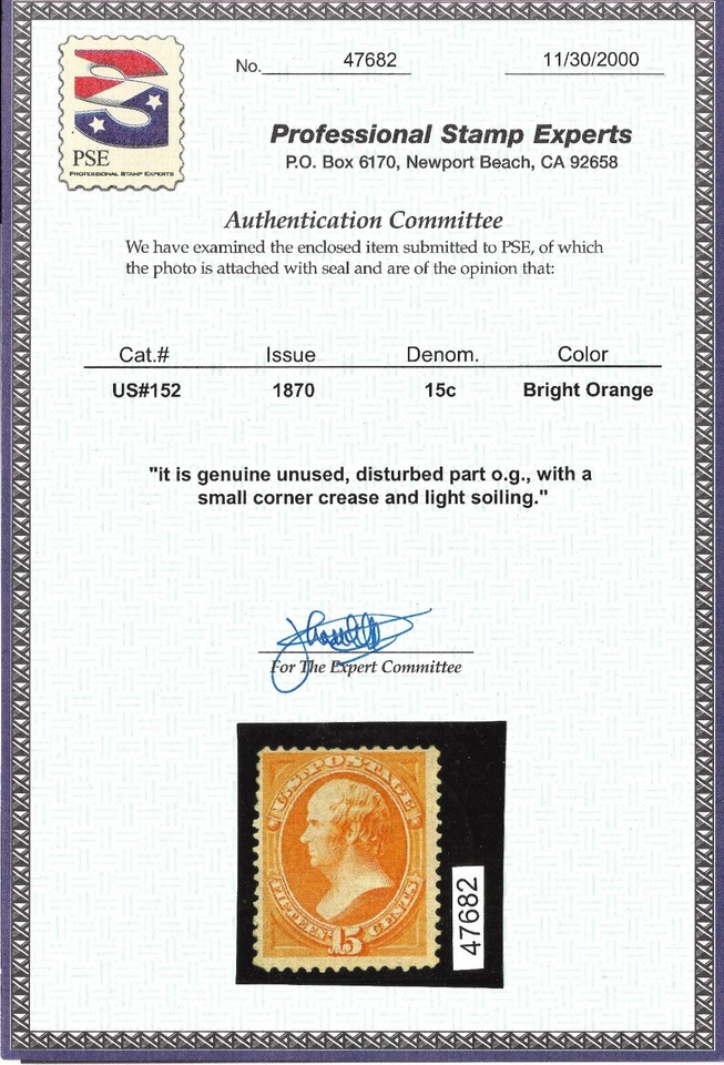 MH Scott #152* Webster 15c Stamp w/PSE Certificate, cv $3,500 | eBay