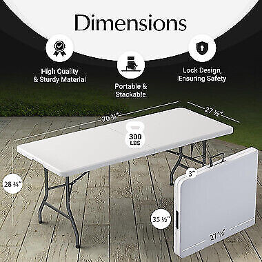 6FT Portable Folding Table - Fold-in-Half Picnic Table w/Handle, On-the ...