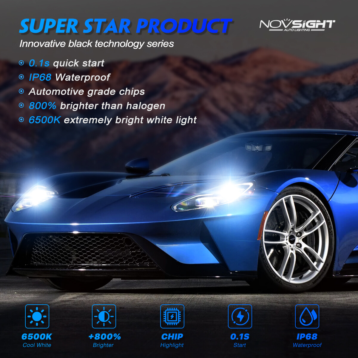 NOVSIGHT 2x 9006 HB4 LED Headlight Bulbs 200W 40000LM 6500K Canbus ...