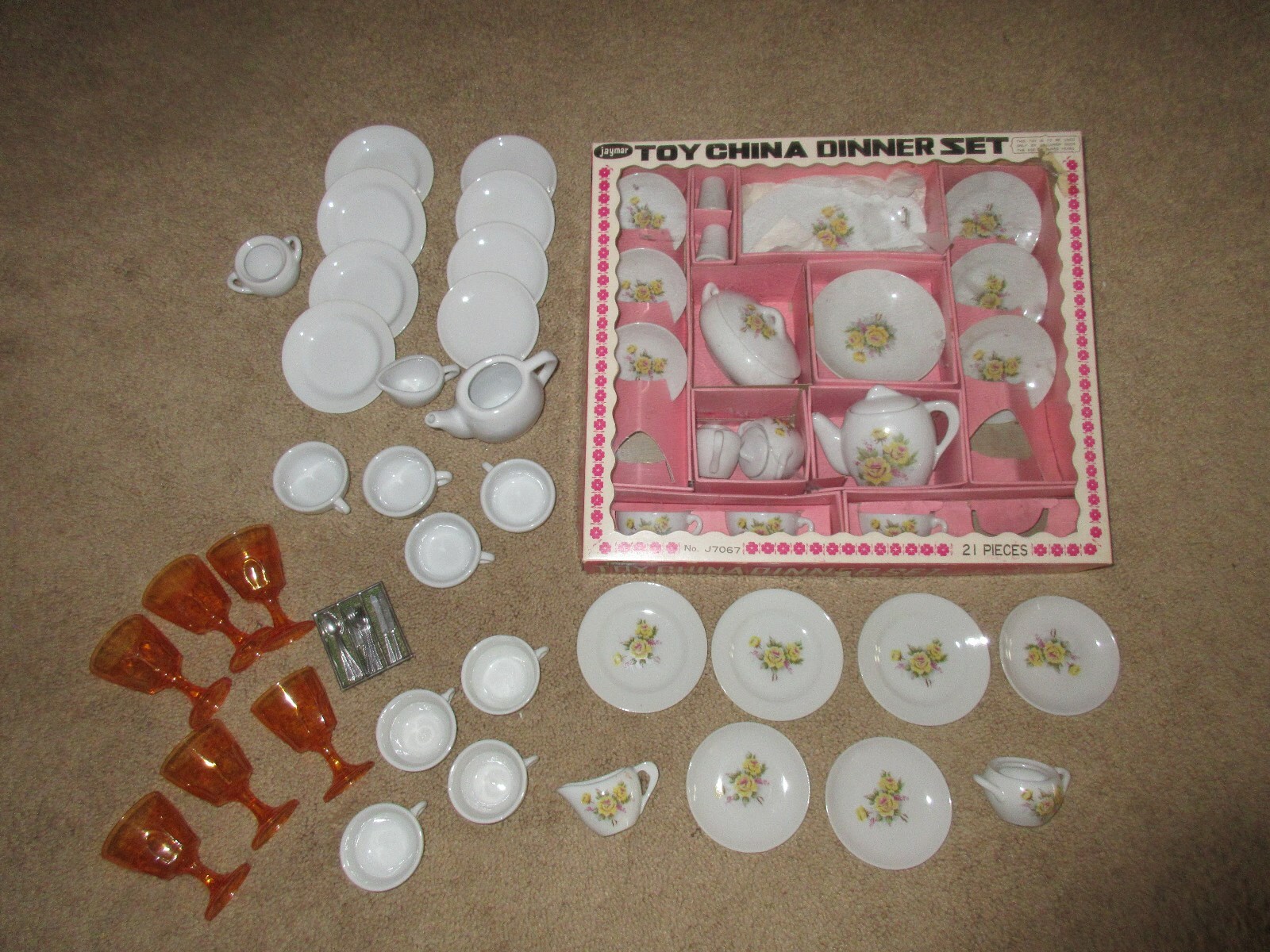 Vintage Silverware Goblets China Childs Toy Tea set Dinner Yellow Rose ...