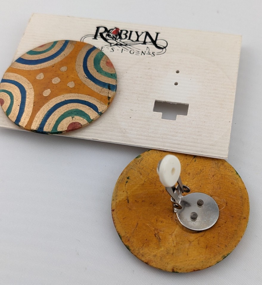 Vintage Roblyn Designs Large Round Art Clip On Earrings Gold Multicolor | eBay