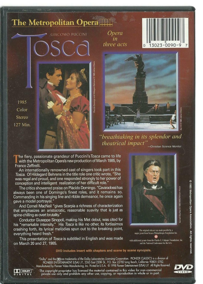 Tosca The Metropolitan Opera (DVD, 1998) U.S. Issue Giacomo Puccini ...