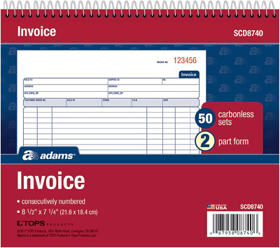 Spiral Invoice Book, 8 1/2 X 7 1/4, 2-Part, Carbonless, White/Canary ...