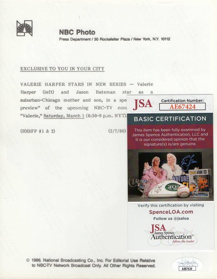 JASON BATEMAN, VALERIE HARPER SIGNED AUTOGRAPH 7X9 PHOTO W/ FULL ...