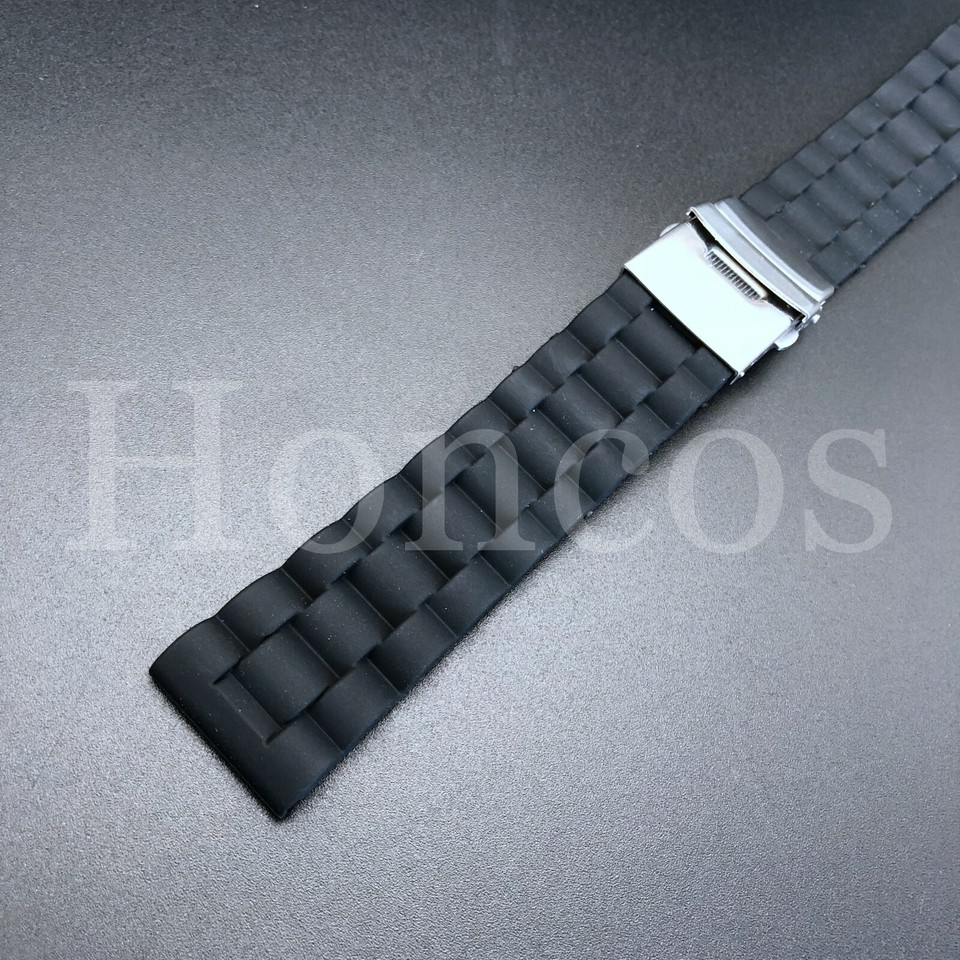 20 MM Black Silicone Rubber Watch Band Strap Deployment Clasp Buckle ...