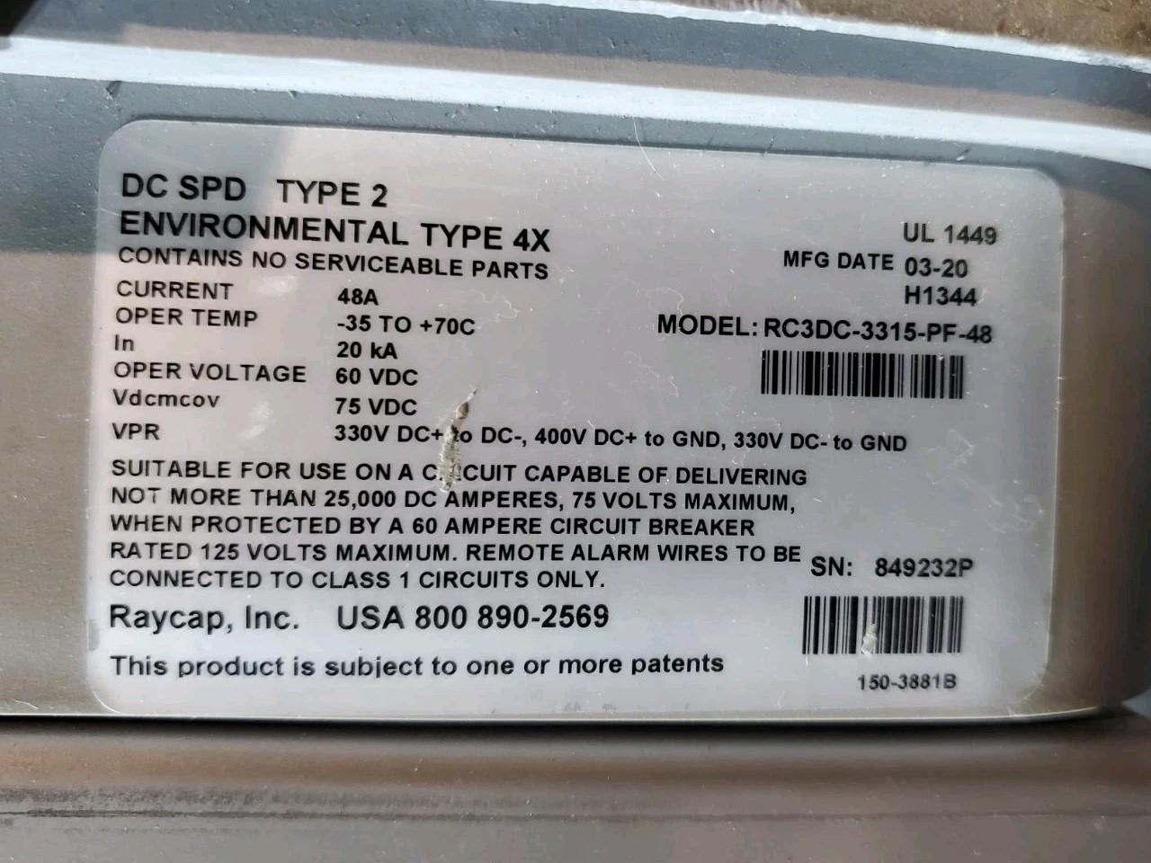 RAYCAP RC3DC-3315-PF-48 DC SPD Type 2 Environmental Type 4X OVP USED w ...