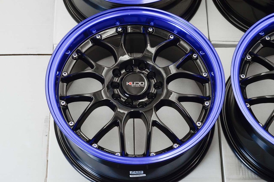 Kudo Racing Z16 16x7 5x100 5x114.3 +38mm Black w/Blue Lip Mesh Wheels ...
