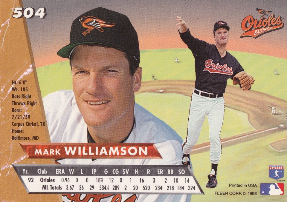 1993 Fleer #504 Mark Williamson Baltimore Orioles + (Yes 4 Free Mystery Cards) | eBay