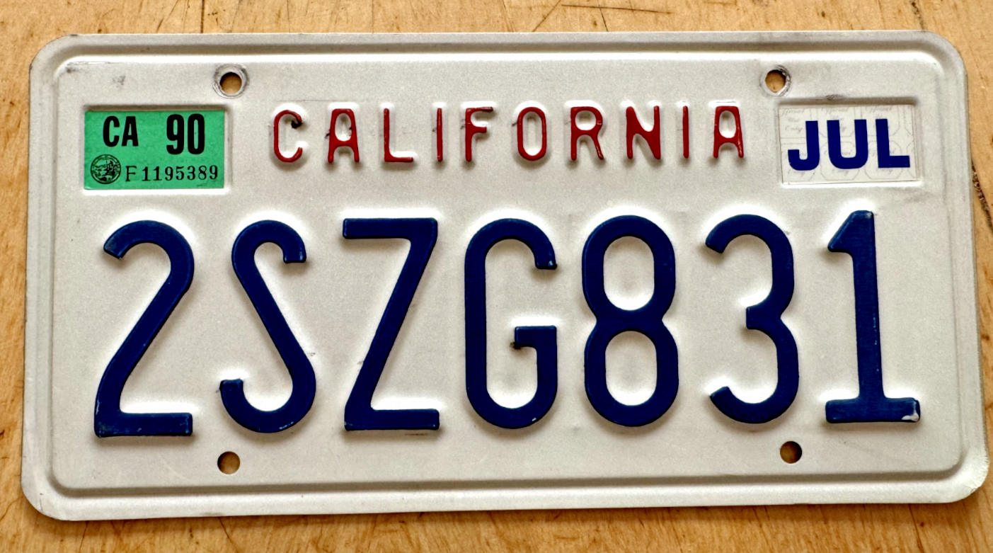 1990 CALIFORNIA PASSENGER AUTO LICENSE PLATE TAG " 2 SZG 831 " CA 90 | eBay