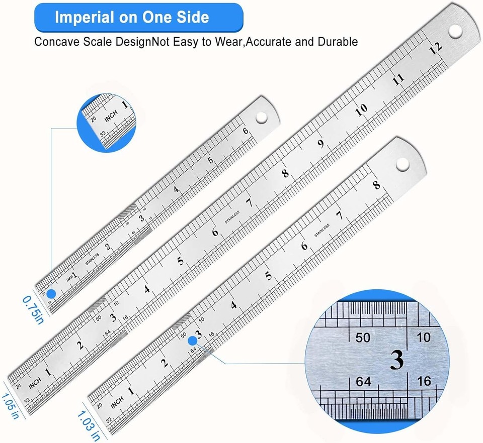 3 Pack Metal Ruler 6 8 12 Inch Double Sided Steel Set | eBay