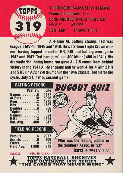 TED WILLIAMS ; 1991 TOPPS ARCHIVES 1953 CARD No. 319 | eBay