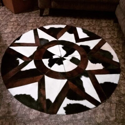 Handmade Leather Cowhide Round Rugs | Cow Skin Carpet | Patchwork Round ...