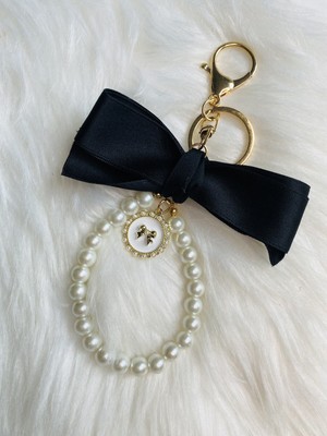 Black Bow Bag Charm Keychain Key Fob Purse Charm Faux Pearl Straw New ...