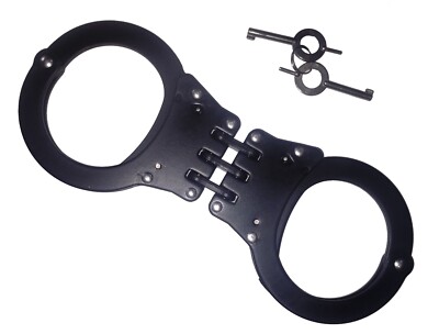 BLACK HINGED Double Lock Hand Cuffs Authentic W. Keys Heavy Duty ...