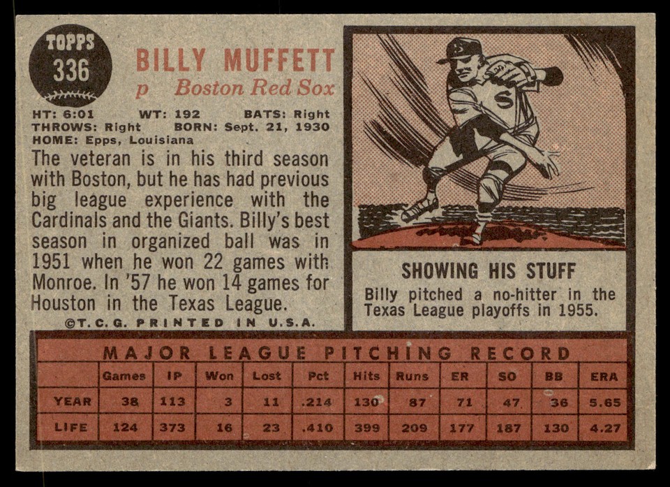 1962 Topps Billy Muffett #336 Boston Red Sox | eBay