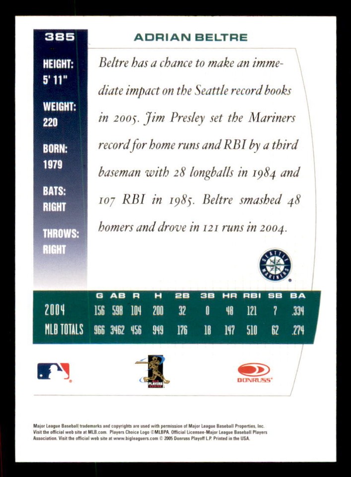 2005 Donruss Team Heroes #385 Adrian Beltre Seattle Mariners | eBay
