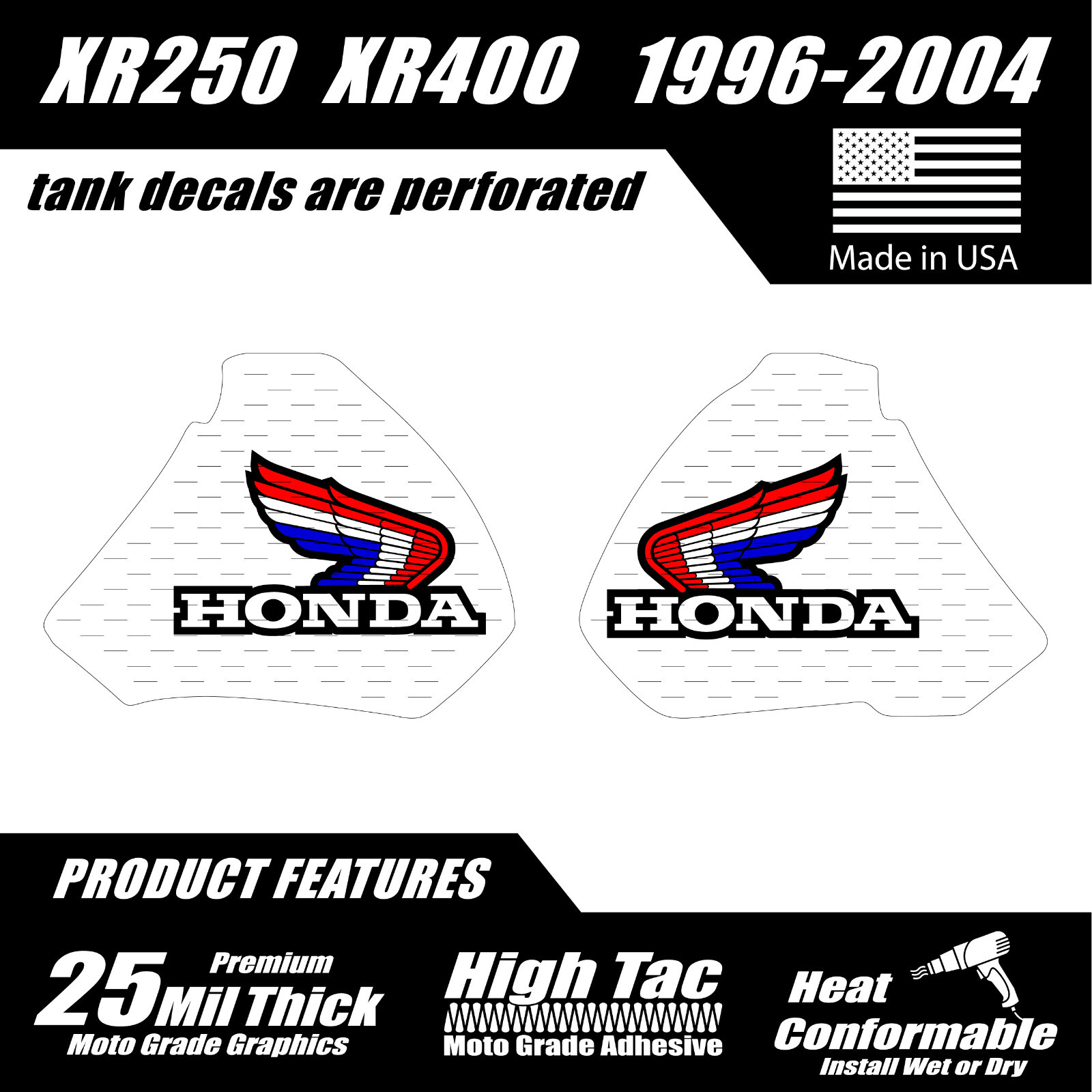 XR250 XR400 1996-2004 tank graphics Vintage Wing RWB white bg FREE ...