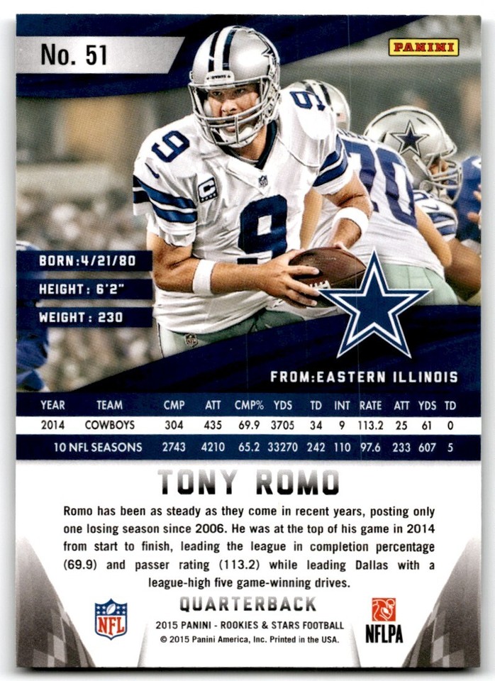 2015 PANINI ROOKIES & STARS TONY ROMO DALLAS COWBOYS #51 | eBay