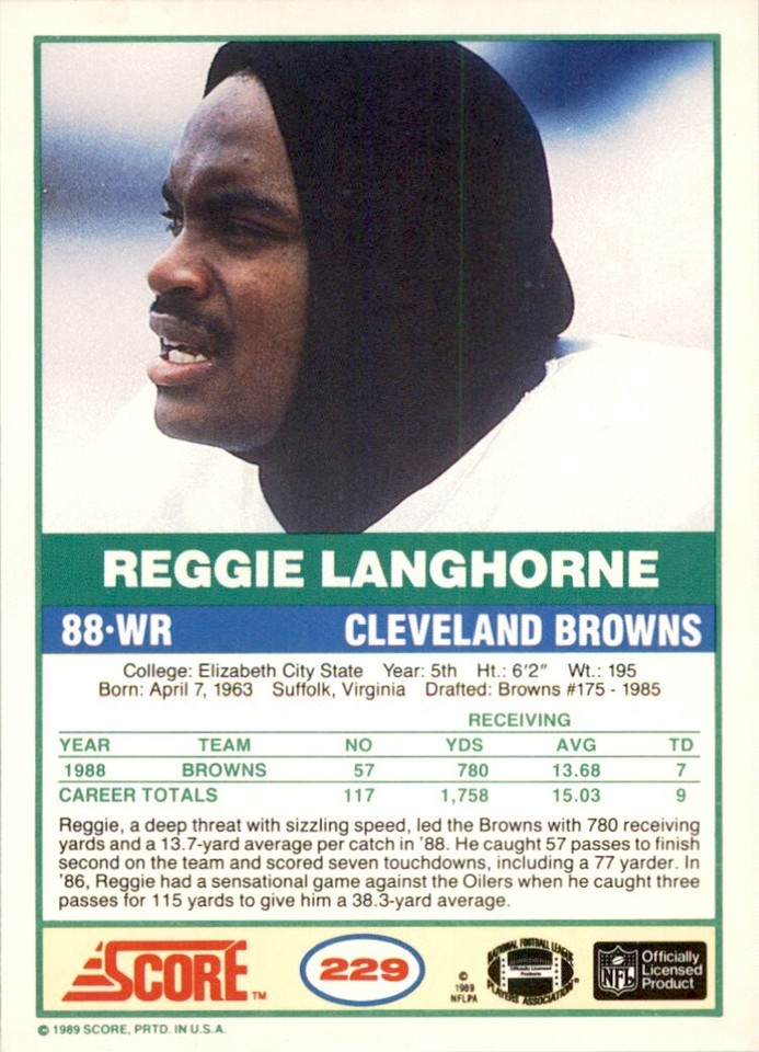 1989 SCORE REGGIE LANGHORNE CLEVELAND BROWNS #229 | eBay
