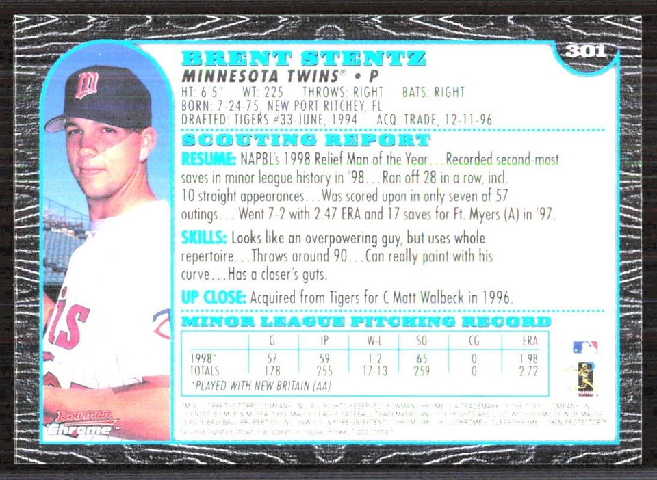 1999 Bowman Chrome #301 Brent Stentz RC Minnesota Twins Baseball Card ...