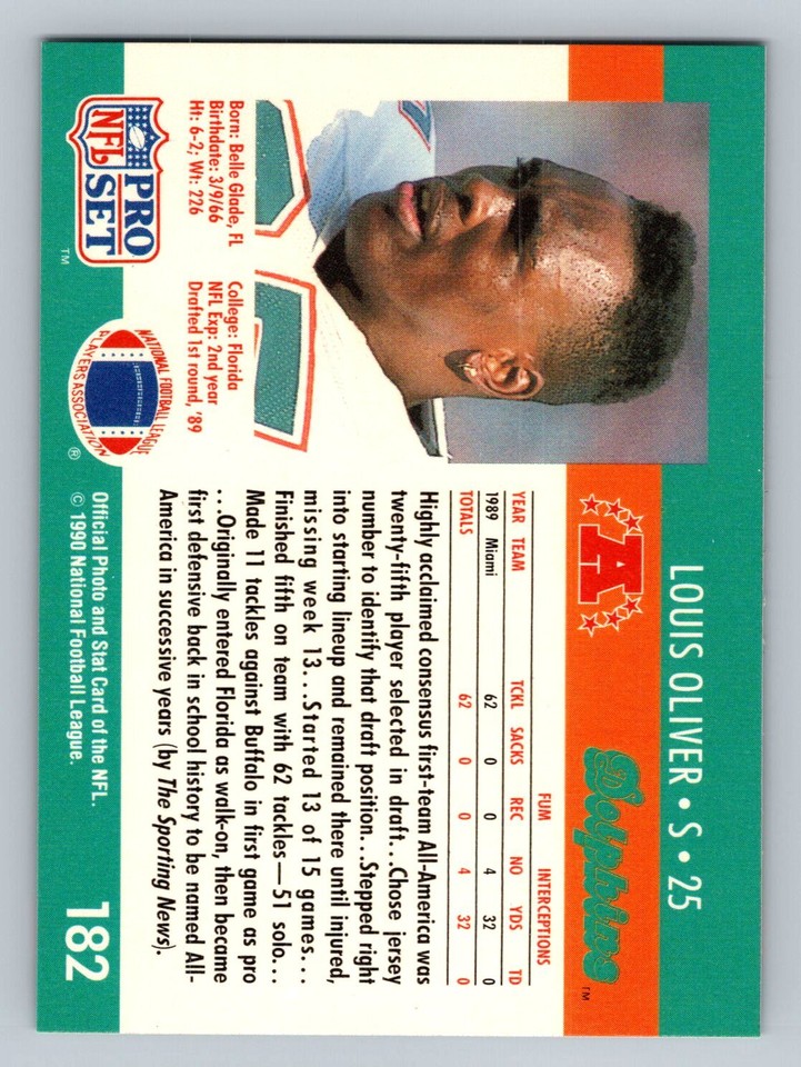 1990 Pro Set #182 Louis Oliver Miami Dolphins | eBay