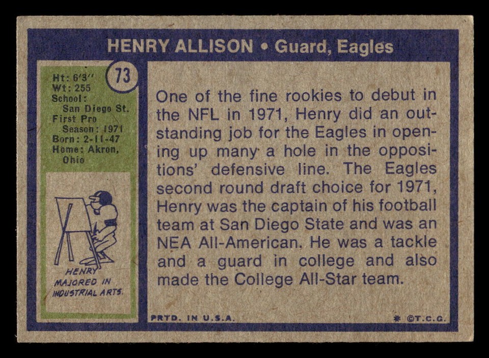 1972 Topps - Henry Allison - #73 Philadelphia Eagles GD/GD+ | eBay