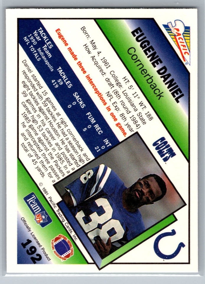 1991 Pacific Football #192 Eugene Daniel Indianapolis Colts | eBay