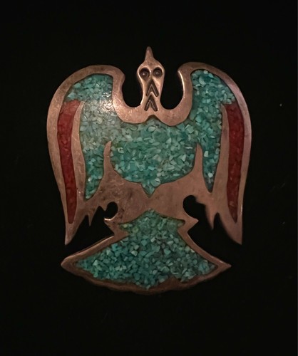 Vintage Native THUNDERBIRD TURQUOISE CHIP INLAY STERLING SILVER 925 ...