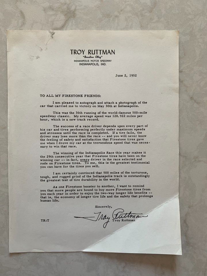 Photo (and letter) - Troy Ruttman, 1952 Indianapolis 500 winner | eBay