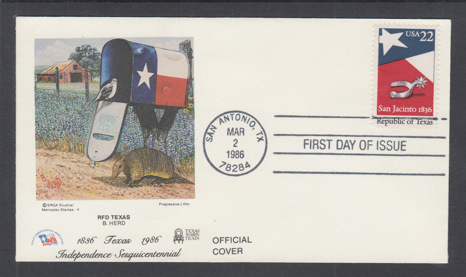 US Planty 2204-C3 FDC. 1986 Republic of Texas, ERGA First Cachet, RFD ...