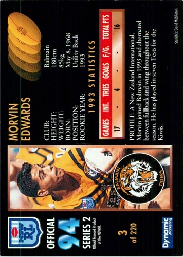 Signed 1994 BALMAIN TIGERS NRL Card MORVIN EDWARDS Wests | eBay