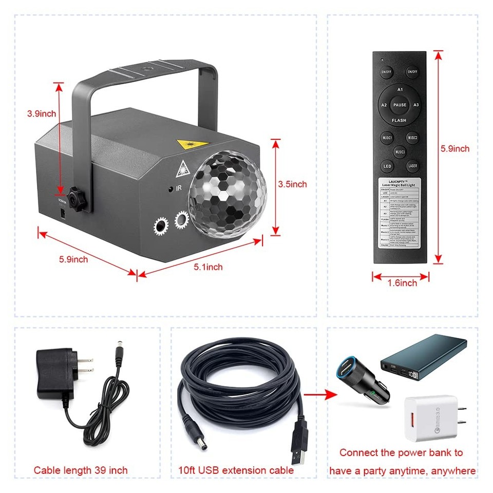 Dj Party Disco Ball Lights with Pattern and Sound Activated, 10 ft USB ...