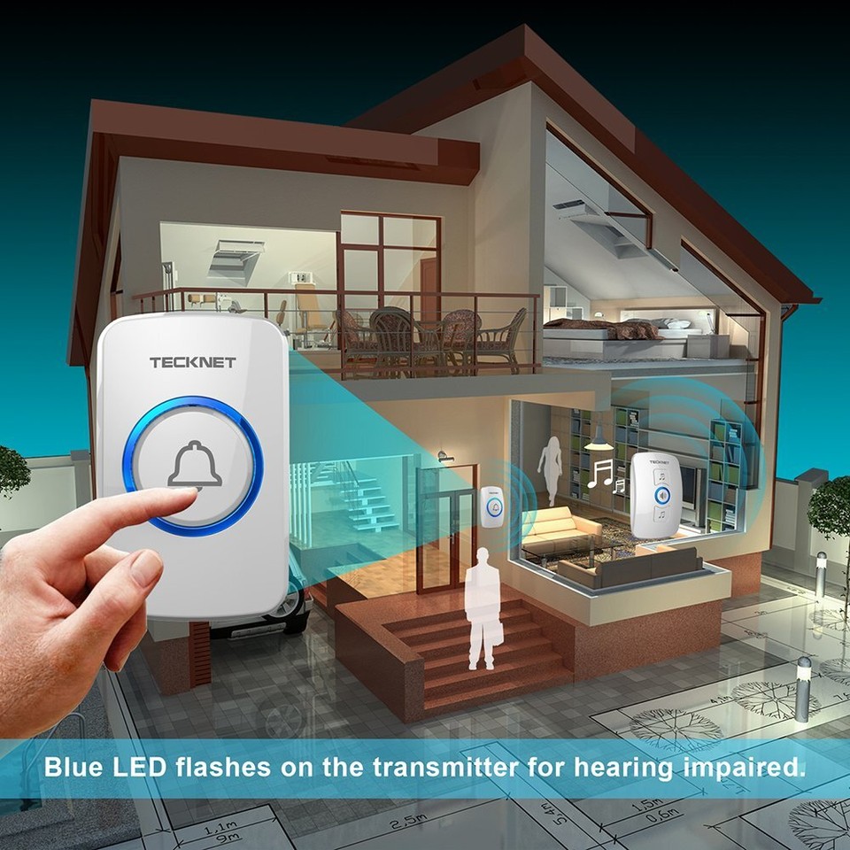 TECKNET Wireless Doorbell, Waterproof Wall Plug-in Door Bell Cordless ...