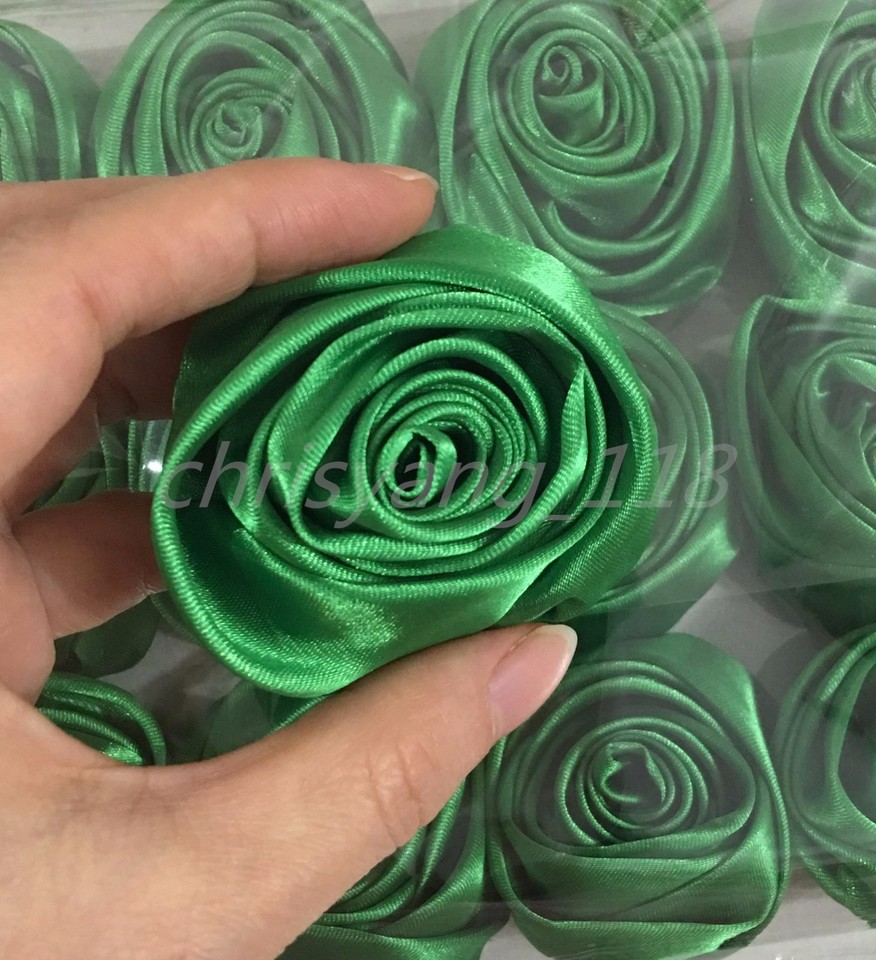24pc/lot Green 2" Satin Ribbon Rose Flower DIY Wedding Bridal Bouquet ...