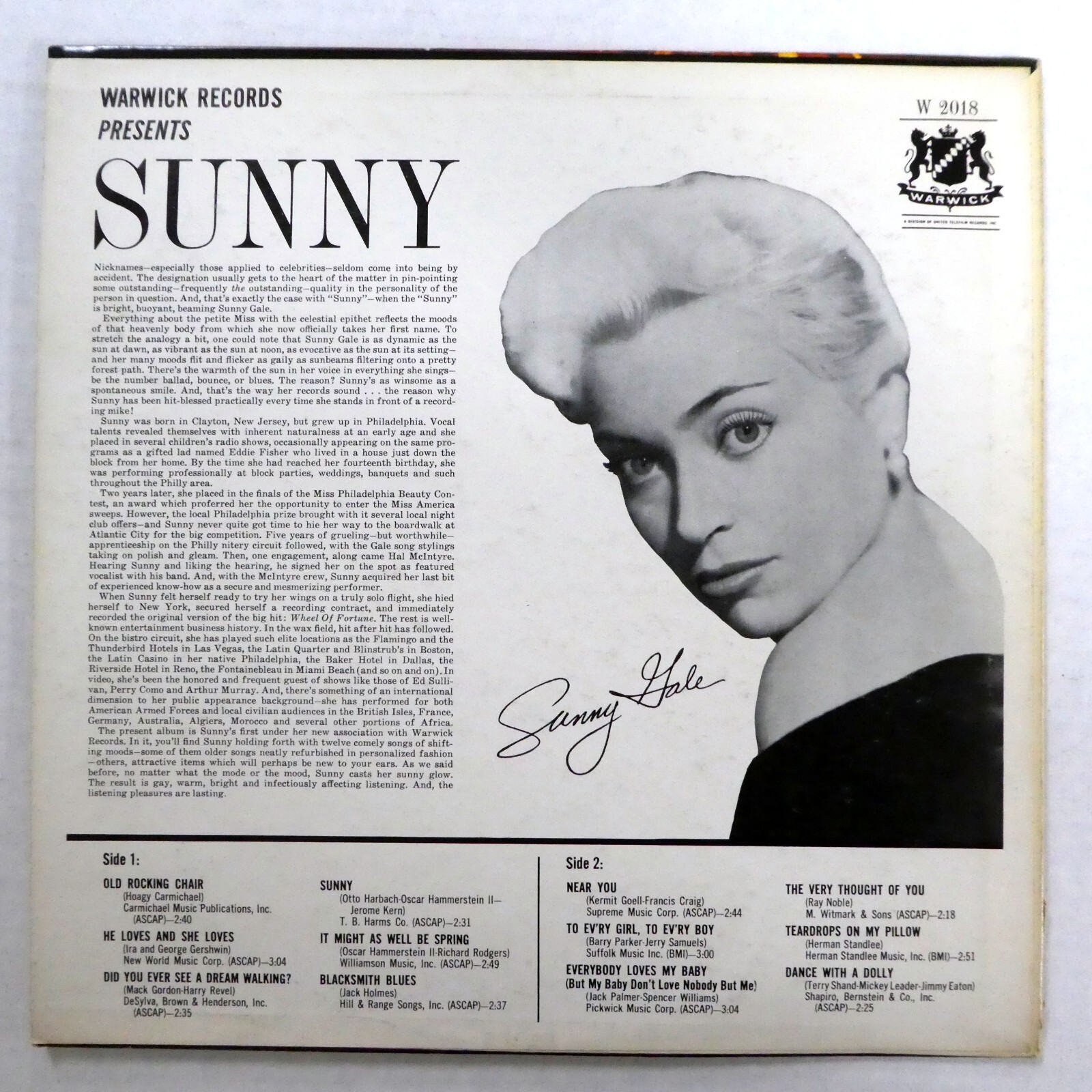 SUNNY GALE Sunny LP Warwick MINT- 1961 pop vocal Mc 482 | eBay