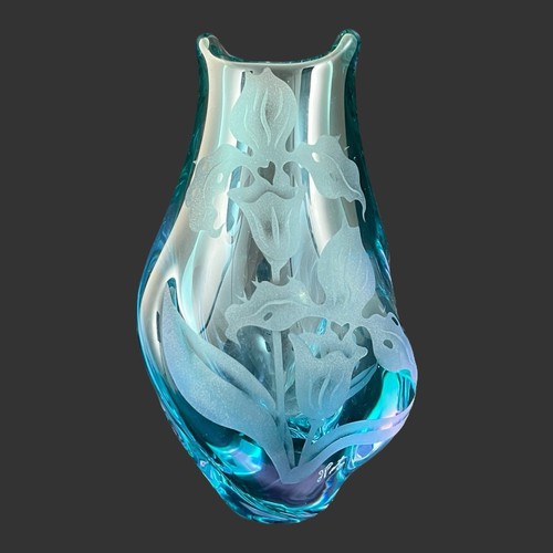 Signed Jennifer Pontz Art Glass Etched Floral Design Vase VG | eBay