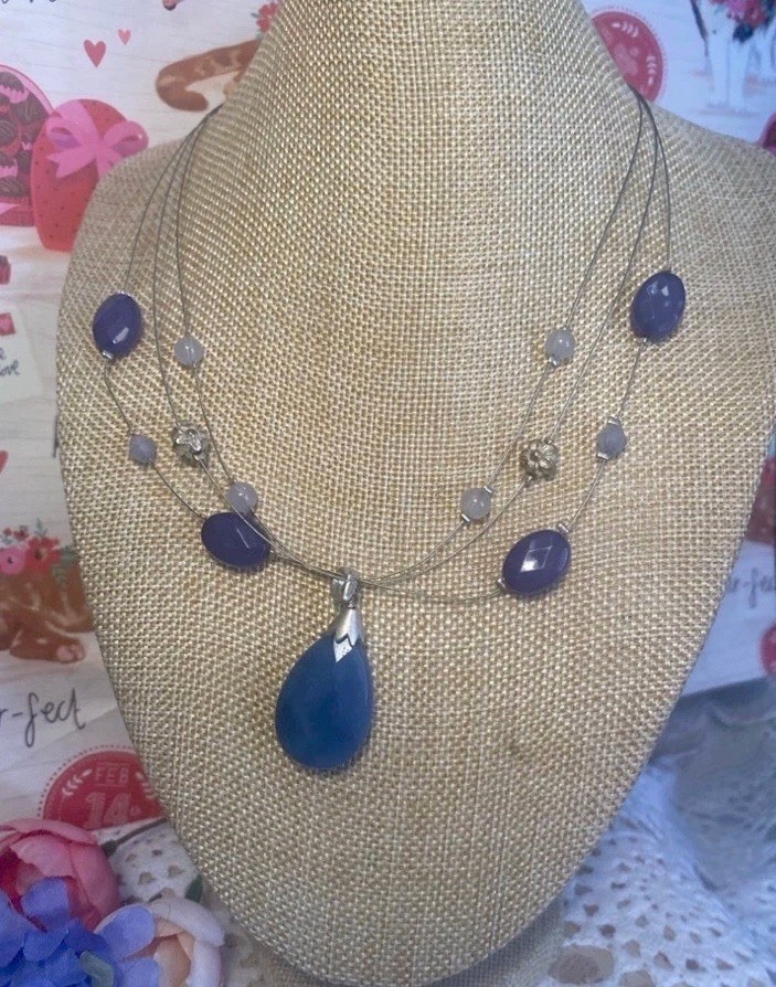 Vintage beaded 1970 necklace lilac color tear drop shape silver wire | eBay