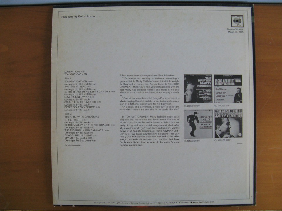 MARTY ROBBINS - TONIGHT CARMEN LP - STEREO CS 9525 - COLUMBIA RECORDS ...