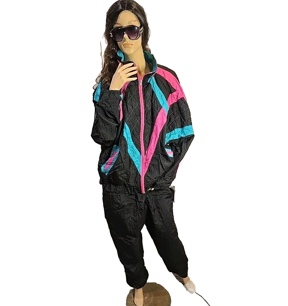 Vintage 80s Tracksuit Lined Windbreaker Set Black Nyl… - Gem